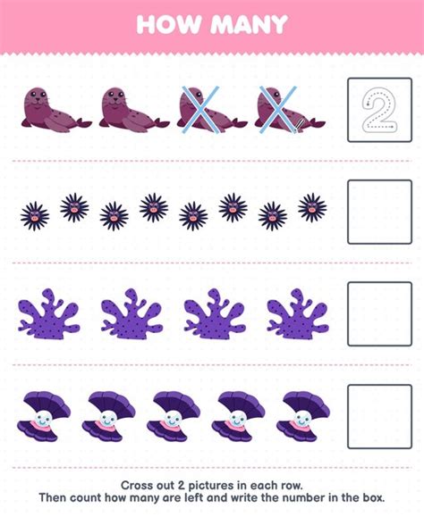 아이들을 위한 교육 게임은 얼마나 많은 귀여운 만화 물개 성게 산호 껍질을 세고 상자 인쇄 가능한 수중 워크시트에 숫자를 씁니다 프리미엄 벡터
