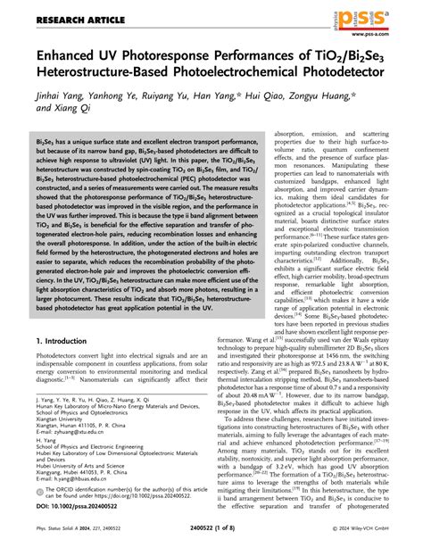 Enhanced Uv Photoresponse Performances Of Tio2 Bi2se3 Heterostructure‐based Photoelectrochemical