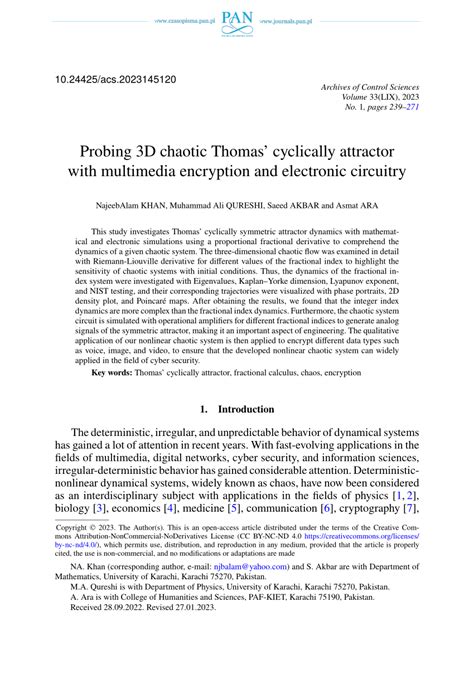 Pdf Probing 3d Chaotic Thomas Cyclically Attractor With Multimedia Encryption And Electronic