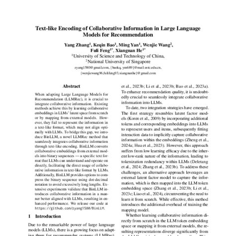 Text Like Encoding Of Collaborative Information In Large Language Models For Recommendation