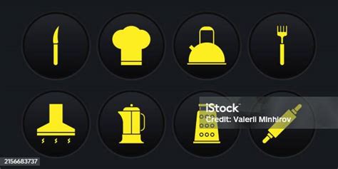 주방 추출기 팬 포크 프렌치 프레스 강판 손잡이가 있는 주전자 요리사 모자 롤링 핀 및 나이프 아이콘을 설정합니다 벡터 검은색에 대한 스톡 벡터 아트 및 기타 이미지