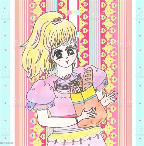 밝은 미소 금발 어린 소녀 Shoujo 애니메이션 만화 스타일 식료품과 다채로운 배경 일러스트 레이 션 2022 2022년에 대한 스톡 벡터 아트 및 기타 이미지 Istock