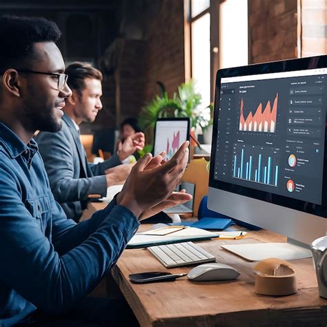 A Man Is Sitting At A Desk With A Computer Screen Showing Graphs And