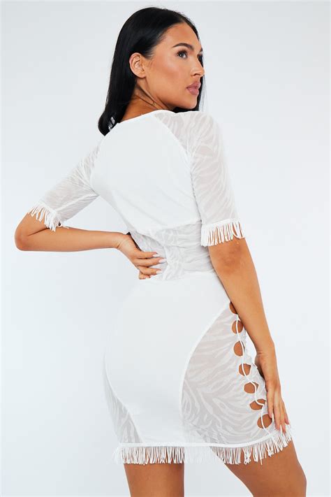 White Zebra Print Cut Out Mesh Mini Dress Mesh Mini Dresses