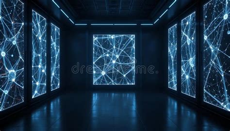 Illuminated Network Displays In A Dark Modern Room Stock Illustration