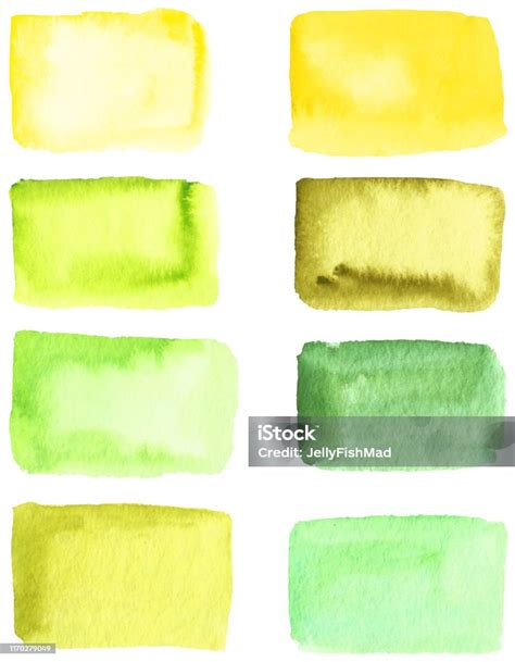 수채화 얼룩 세트 흰색 배경에 있는 지점입니다 브러시 스트로크가 있는 수채화 텍스처 사각형 자리 노란색 녹색 올리브 격리 벡터 물에 대한 스톡 벡터 아트 및 기타 이미지