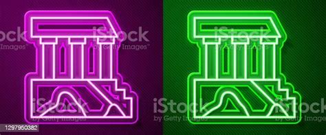 아테네 아크로폴리스 보라색과 녹색 배경에 고립 된 그리스 아이콘에서 빛나는 네온 라인 파르테논 그리스 고대 국가 랜드 마크 벡터 0명에 대한 스톡 벡터 아트 및 기타 이미지
