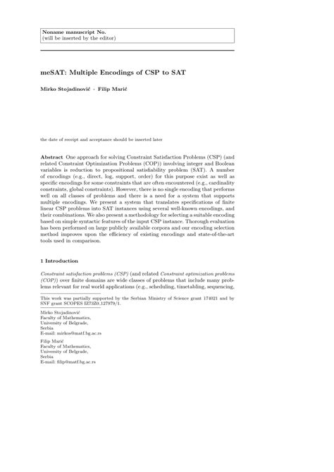 Pdf Mesat Multiple Encodings Of Csp To Sat