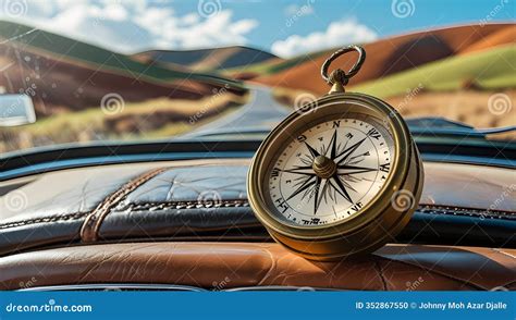 A Compass On A Car Dashboard With A Panoramic View Of Rolling Hills