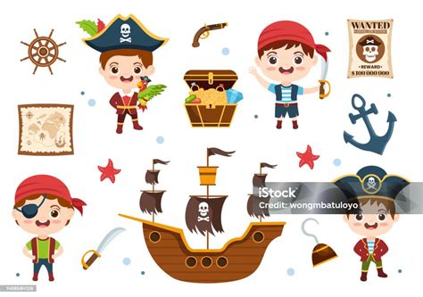 보물지도 나무 바퀴 상자 앵무새 해적 배 깃발 및 유쾌한 로저가있는 해적 만화 캐릭터 일러스트 레이 션 플랫 아이콘 스타일 기에 대한 스톡 벡터 아트 및 기타 이미지