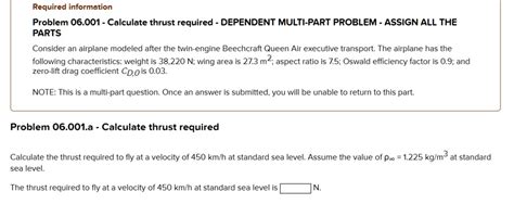 Required Information Problem 06001 Calculate Thrust Required Dependent Multi Part Problem Assign