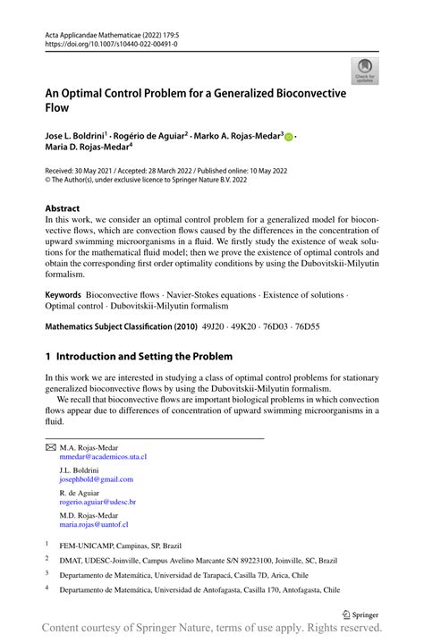 An Optimal Control Problem For A Generalized Bioconvective Flow Request Pdf