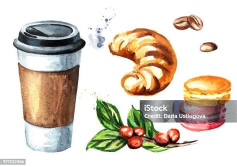 설정가 서 커피입니다 종이 컵 프랑스 전통 케이크 마 카 롱 크루아상 커피 분기와 콩 흰색 배경에 고립 수채화 손으로 그린 그림 달콤한 음식에 대한 스톡 벡터 아트 및 기타