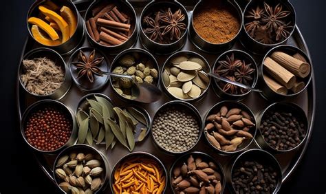 A Photo Top View Of Various Indian Spices And Seasonings In Matrl Bowl