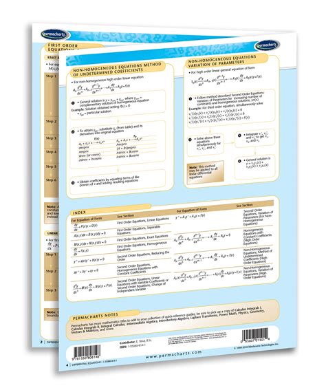 Differential Equations Chart 4 Page Laminated Quick Reference Guide