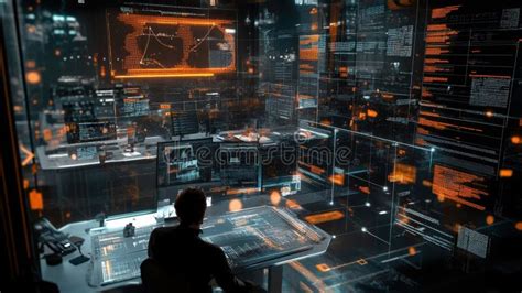 It Specialist Working In A Futuristic Cybersecurity Center Managing Data And Connections Stock