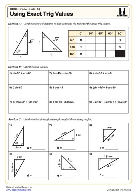 Exact Trig Values Of Special Angles Worksheet Answers With Work