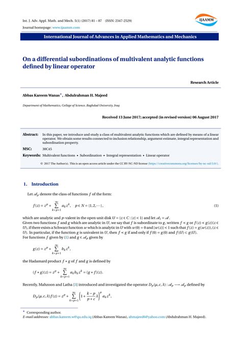 Pdf On A Differential Subordinations Of Multivalent Analytic Functions Deﬁned By Linear Operator