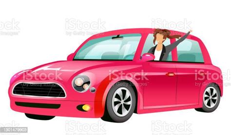 소녀 운전 핑크 미니 쿠퍼 플랫 컬러 벡터 얼굴없는 캐릭터 자동차 고립 된 만화 일러스트에서 미소 젊은 아가씨 웹 그래픽 디자인 및 애니메이션용입니다 도로 여행에 행복한
