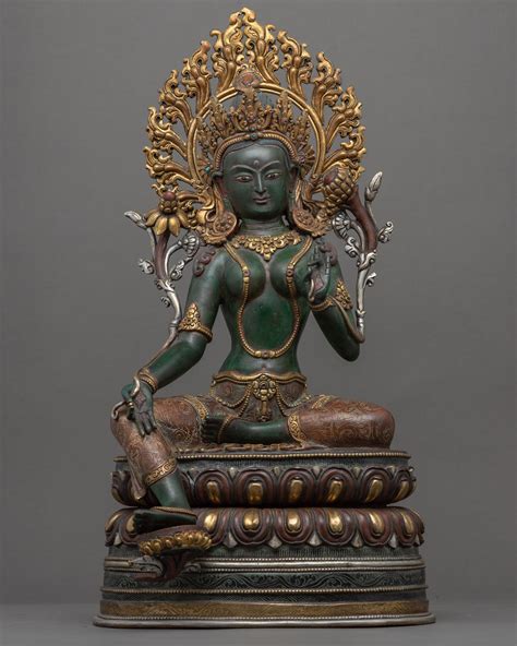 Tibetan Green Tara Guru Sculpture Gold Gilded Statue For Meditation