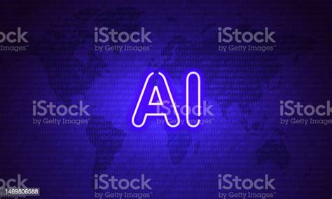 인공지능 Ai 이진 코드가 있는 파란색 지도 배경에 네온 기호 데이터 개념 밝은 네온 불빛이 있는 빈티지 전기 간판 기술 연결 벡터 그림 0명에 대한 스톡 벡터 아트 및