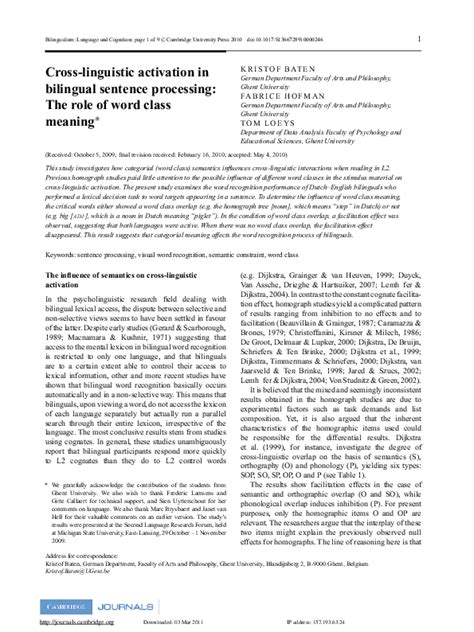 Pdf 2011 Cross Linguistic Activation In Bilingual Sentence Processing The Role Of Word