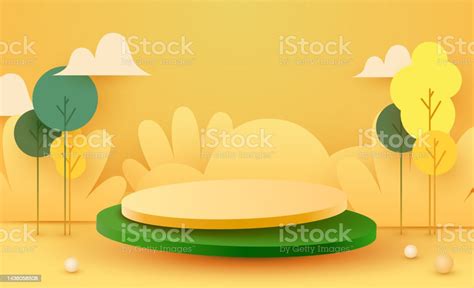 추상적 인 에코 가을 장면 배경 나무가있는 실린더 연단 제품 프리젠 테이션 모형 천연 화장품 표시 연단 무대 받침대 또는 플랫폼 3차원 형태에 대한 스톡 벡터 아트 및 기타