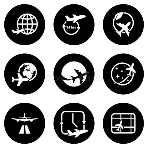 Set Of White Icons Isolated Against A Black Background On A Theme Aircraft Stock Vector
