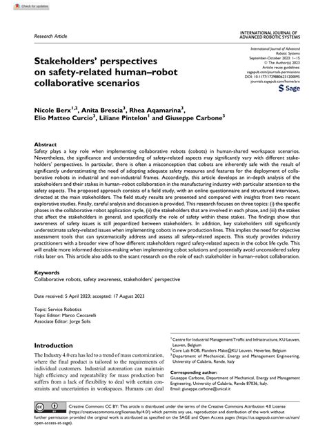 Pdf Stakeholders Perspectives On Safety Related Human Robot Collaborative Scenarios