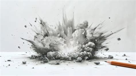 Explosive Pencil Drawing Depicting A Blast With Debris And Motion On A