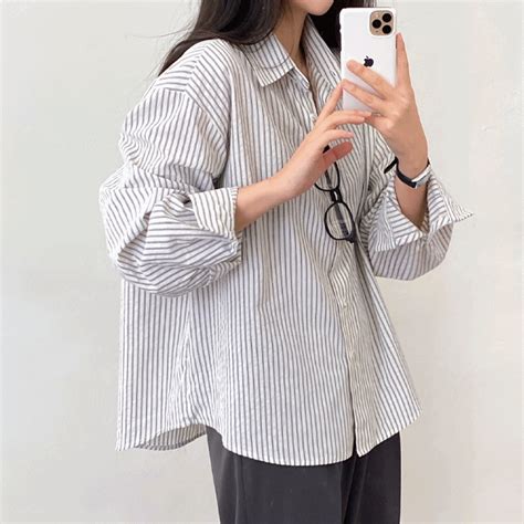 봄 남방 오버핏 커버업 레이어드 퍼프 롱 코튼 스트라이프셔츠