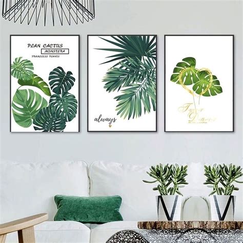 พร้อมส่ง รูปติดผนัง กรอบรูปตกแต่งบ้าน ภาพวาดพิมพ์ลาย ศิลปะบนฝาผนังห้อง 1ชุด3รูป สไตล์ใบไม้ ของ