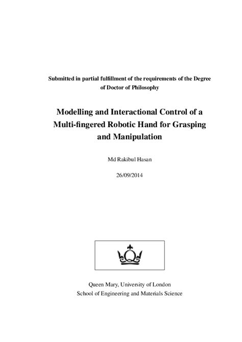 Pdf Modelling And Interactional Control Of A Multi Fingered Robotic Hand For Grasping And