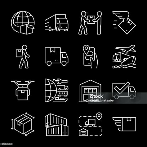 물류 및 배송 흰색 선 아이콘 소포 배송 택배 서비스 및 물류 체인 기호 운송 및 전자 상거래 테마에 필수적입니다 검은 배경에 기호 편집 가능한 스트로크 감시에 대한 스톡