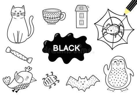 Set Of Black Color Objects Primary Colors Flashcard With Black Elements Stock Vector