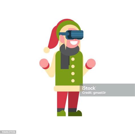 여자 엘 프 산타 도우미 착용 가상 현실 디지털 안경 메리 크리스마스 휴일 새 해 복 많이 받으세요 개념 여성 만화 캐릭터 전체 길이 플랫 12월에 대한 스톡 벡터 아트 및