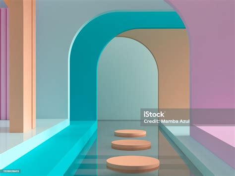 3d 렌더링 추상적인 장식 배경 제품을 표시합니다 바닥에 아치 물 및 구형 조명이있는 빈 장면 0명에 대한 스톡 사진 및 기타 이미지 Istock