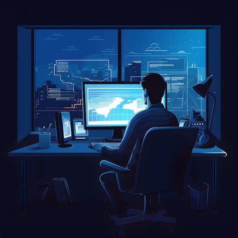 테이블 작업에 앉아 있는 데이터 분석가는 그래프 다이어그램 평면 그림이 있는 Pc 컴퓨터 모니터를 사용합니다 프리미엄 사진