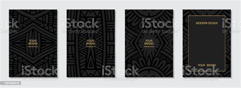 커버 디자인 세트 세로 템플릿 텍스트 장소 양각 된 검은 배경의 창조적 인 컬렉션 민족 3d 패턴 수제 스타일 동양 아시아