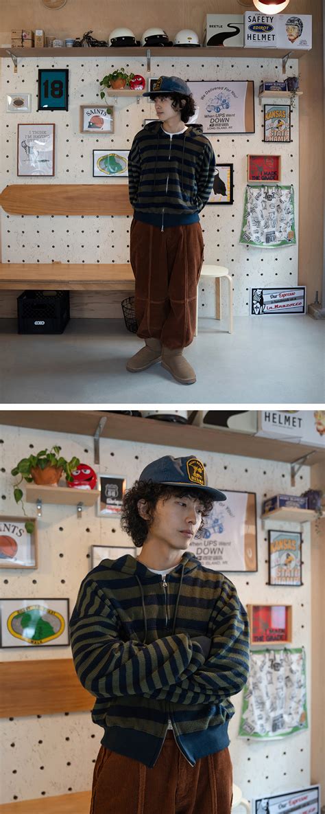 카락터 스트라이프드 니트 후드 집업 카키 블루 Karactor Kream