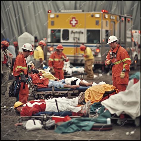 Emergency Medical Personnel Setting Up A Triage Area Treating Multiple Patients In A Disaster