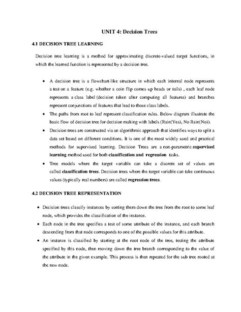 Ml Unit 4 Material Unit 4 Decision Trees 4 1 Decision Tree Learning Decision Tree Learning