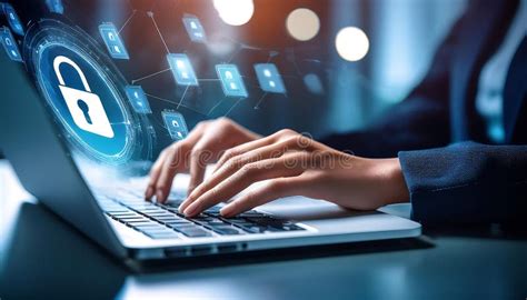 Person Typing On Laptop With Digital Lock Icons Emphasizing Cybersecurity And Data Protection