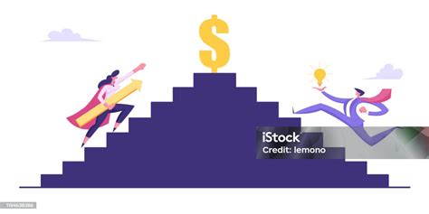 비즈니스 사람들은 위층에서 돈과 성공을 거두었습니다 상단에 골드 달러 기호에 실행 화살표와 전구 및 슈퍼 히어로 여자와 남자 비즈니스 경쟁 목표 만화 평면 벡터 일러스트