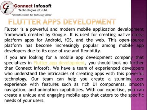 Flutter Apps Development And Developer Team Connect Infosoft Ppt