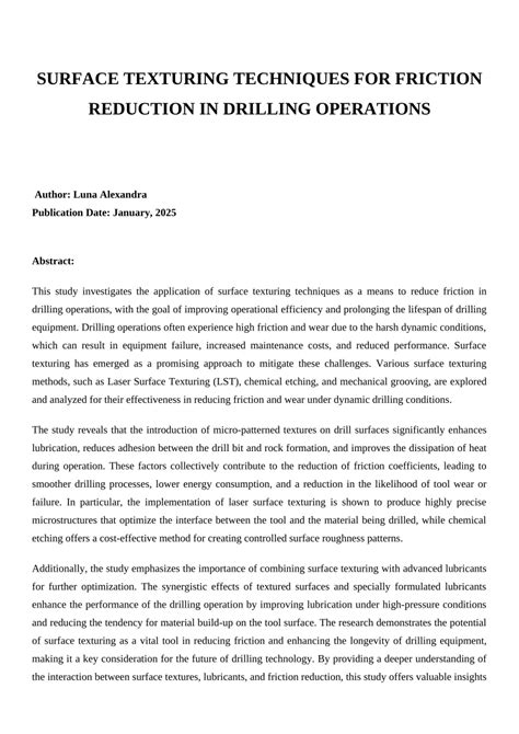 Pdf Surface Texturing Techniques For Friction Reduction In Drilling Operations