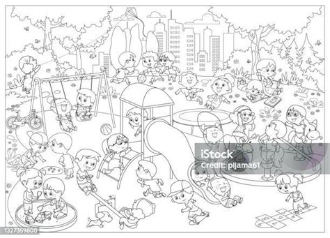 ขาวดํา เด็กมีความสุขเล่นในสนามเด็กเล่น ภาพประกอบสต็อก ดาวน์โหลดรูปภาพตอนนี้ กระดาษระบายสี
