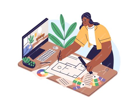 Premium Vector Interior Designer At Work Drawing Floor Plan Creating Home Layout With