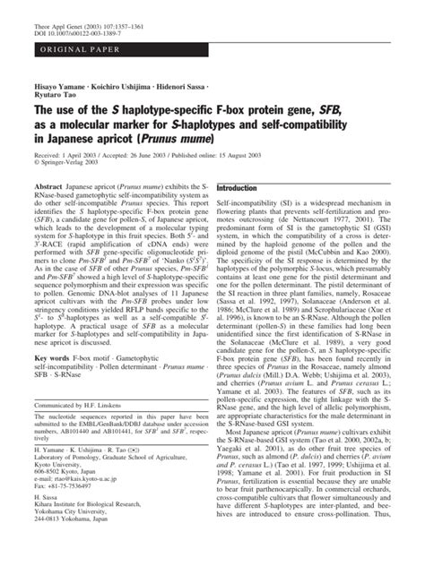 The Use Of The S Haplotype Specific F Box Protein Gene Sfb As A Molecular Marker For S