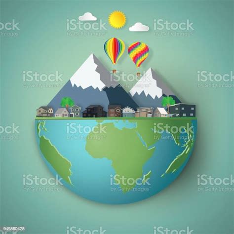 뜨거운 공기 풍선 에코 건물 도시와 자연 절약 녹색 반구 세계에 선 지구의 날 종이 아트 스타일 개념 벡터 일러스트 레이 션